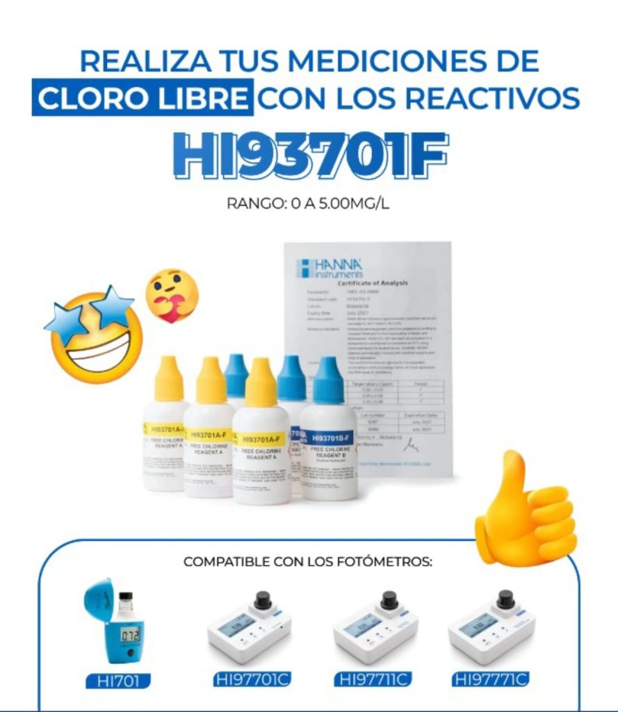 KIT DE REACTIVO PARA CLORO LIBRE, 300 TESTS (LIQUIDO) MODELO HI93701-F ...