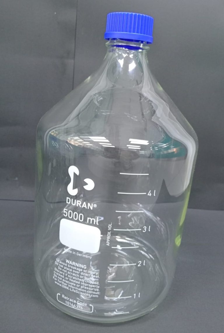 FRASCO DE VIDRIO AUTOCLAVABLE BORO 3.3 X 5000 ML, CON TAPA AZUL – DURAN ALEMAN – BIOSAN ...